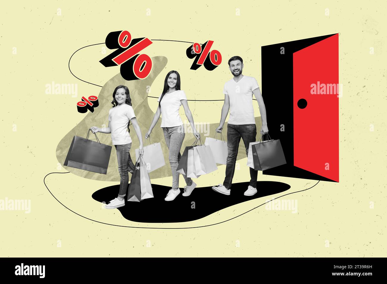 Poster collage image of happy people family coming back home carrying ...