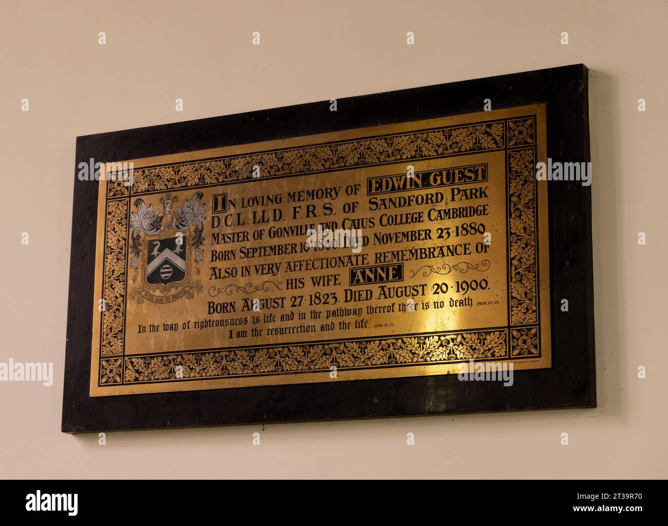 Brass memorial plaque to Edwin Guest, St. Martin`s Church, Sandford St ...