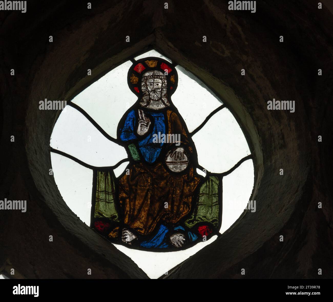Christ in Majesty medieval stained glass, St. Martin`s Church, Sandford ...