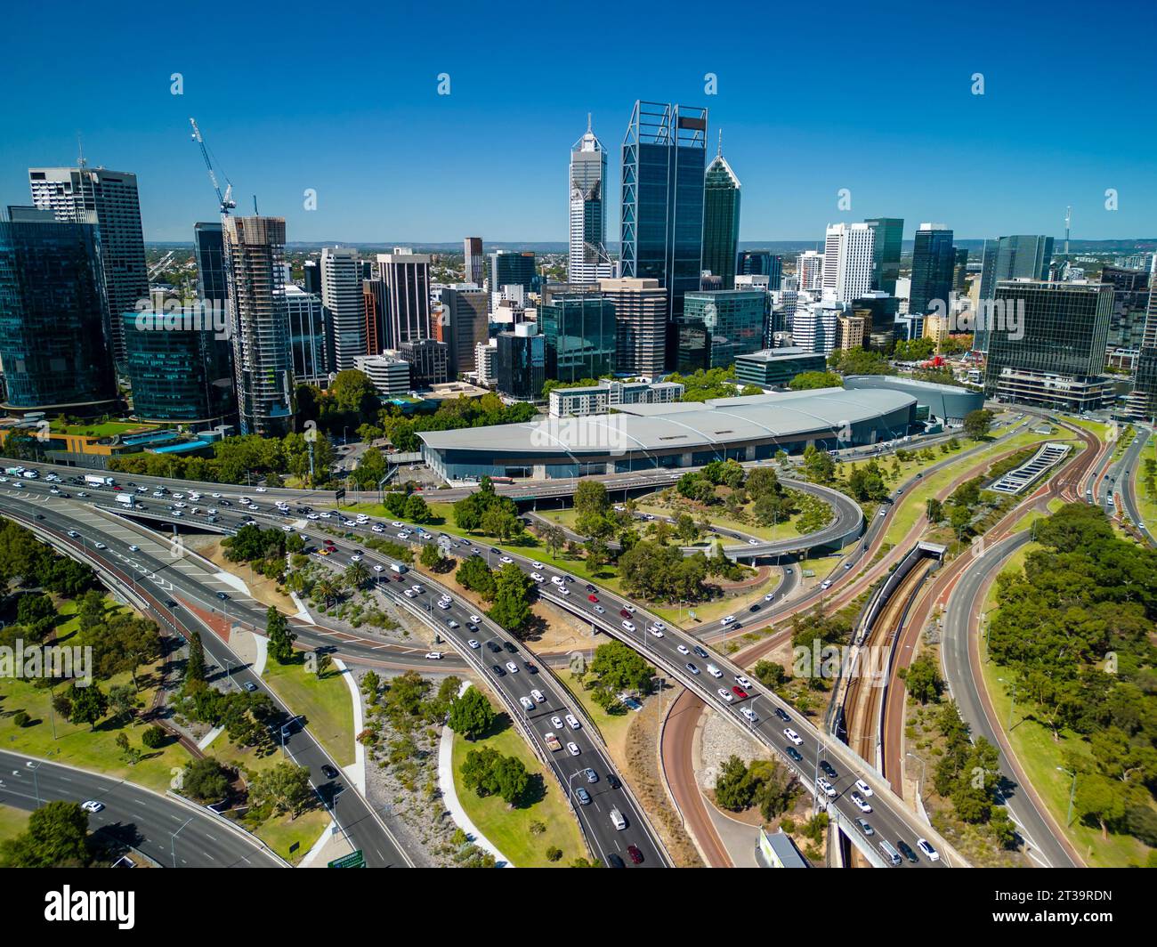 Aerial view of Perth city and highway traffic in Australia Stock Photo ...