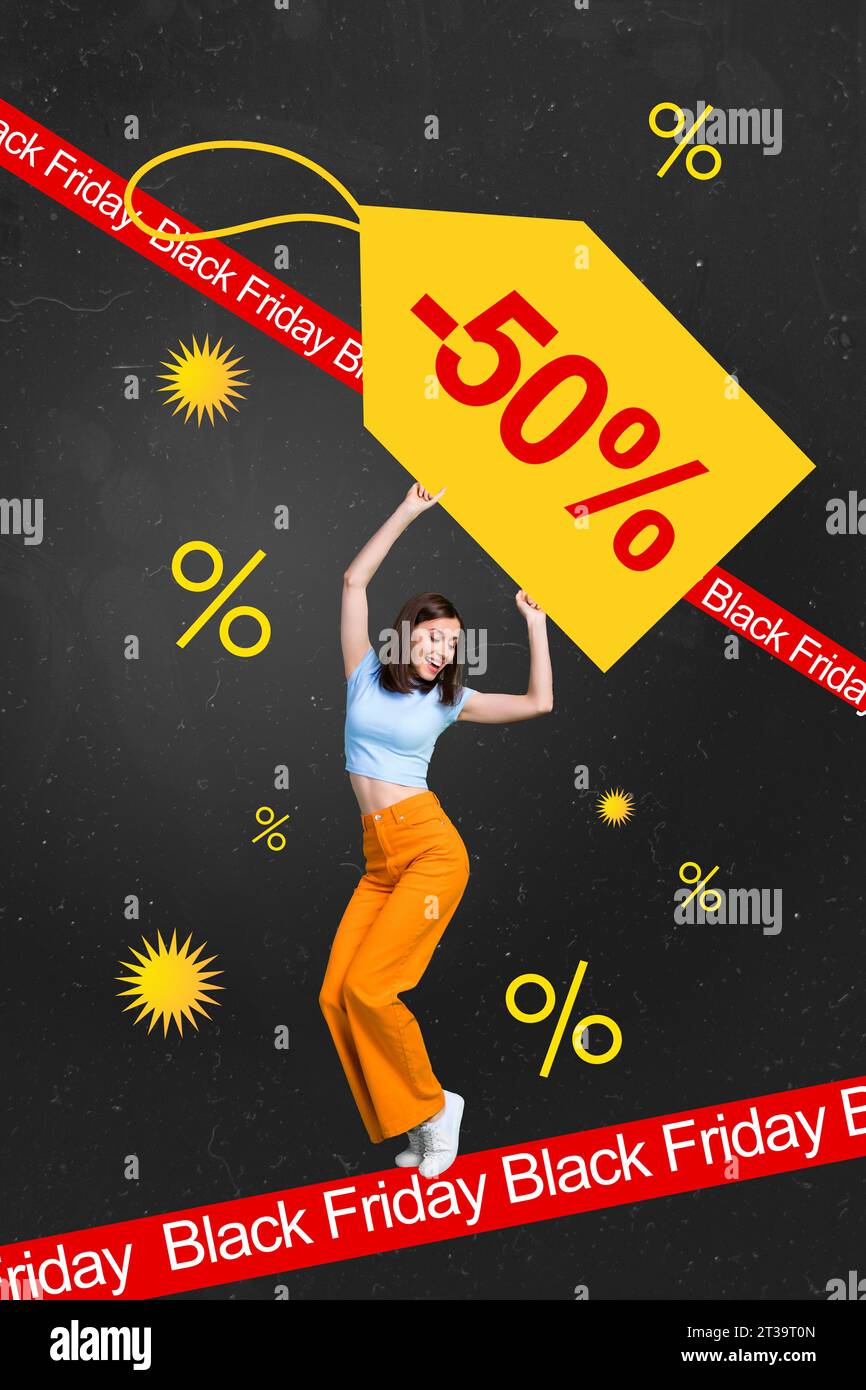 Magazine advert template collage of lady hold big price tage laber ...
