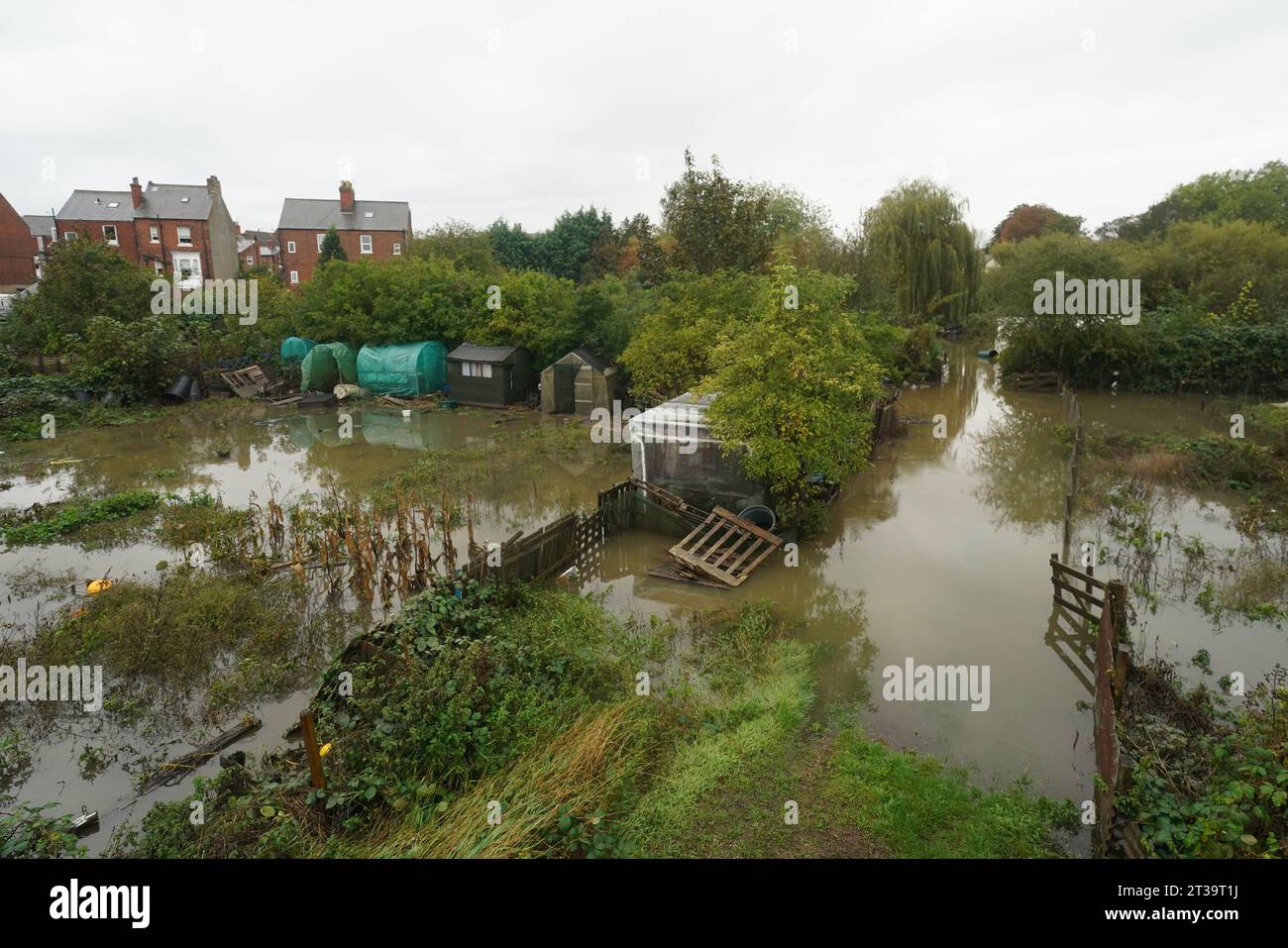Debris and flood water in allotments in Retford, Nottinghamshire, after ...