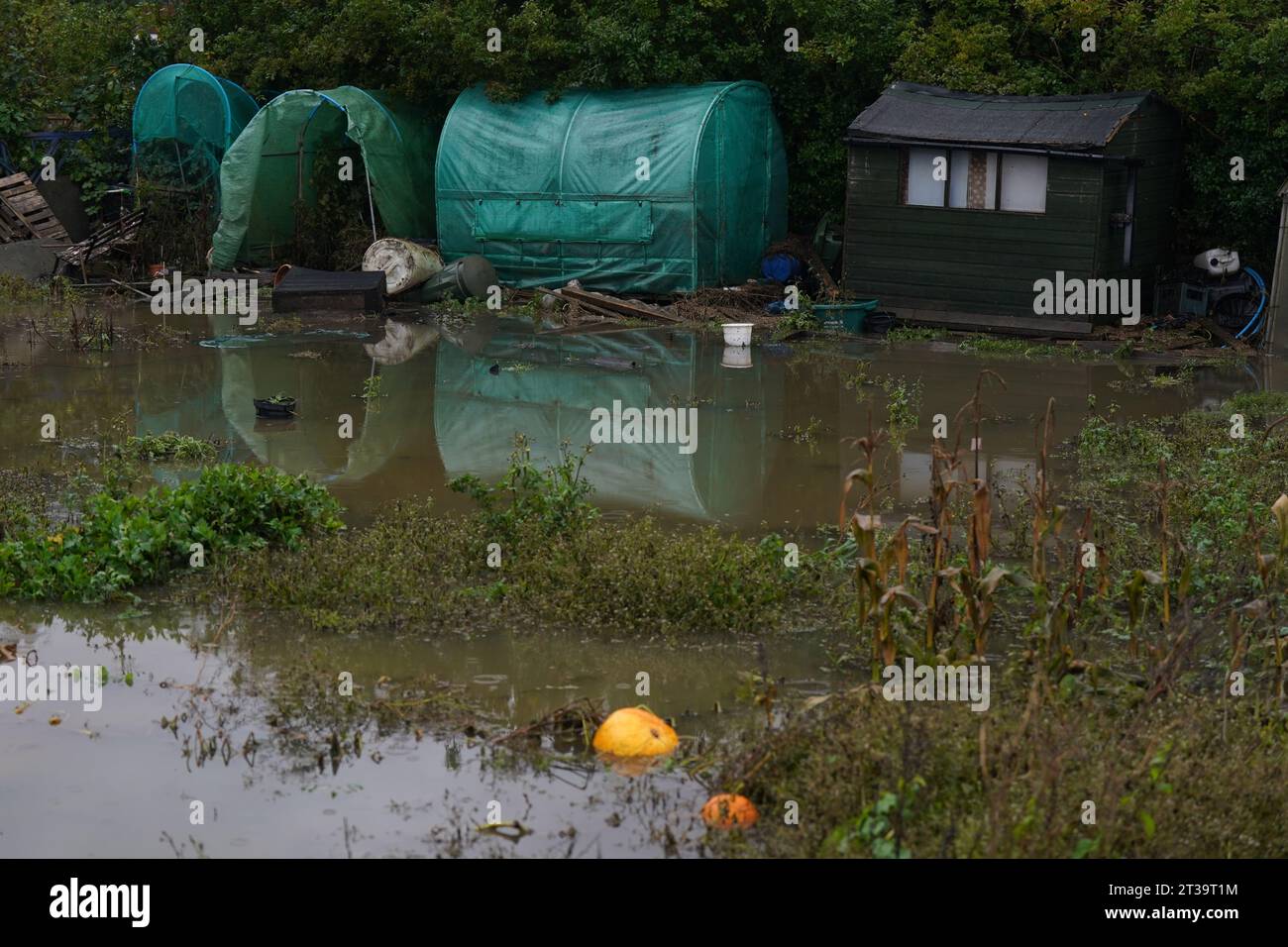 Debris and flood water in allotments in Retford, Nottinghamshire, after ...