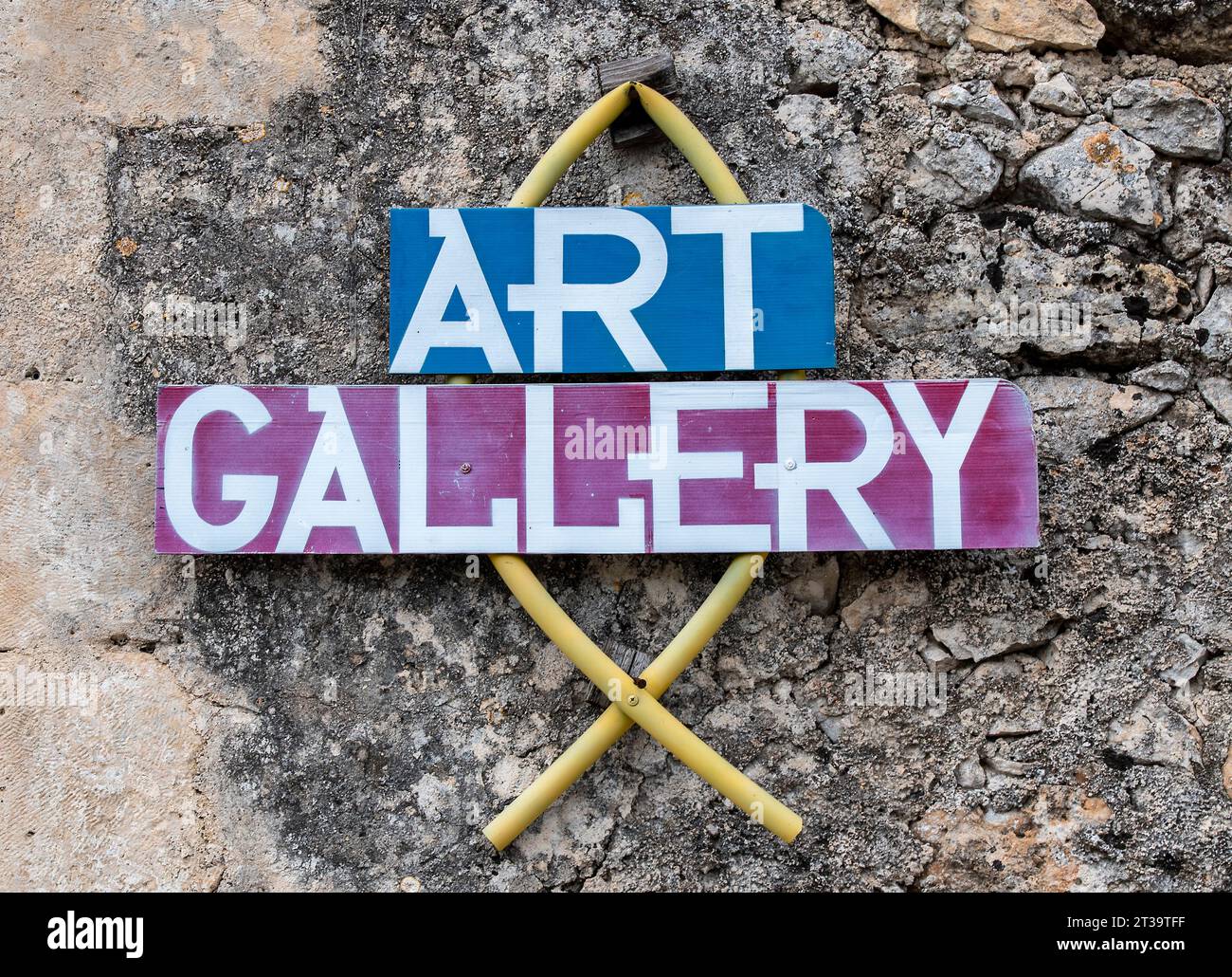 wooden hand painted art gallery sign painted in pink and blue colours ...