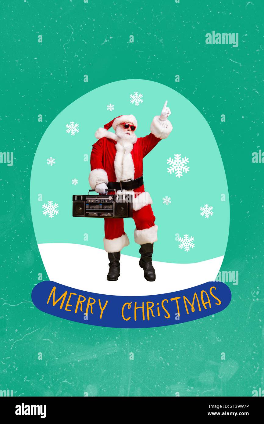 Collage artwork picture of happy funky santa dancing christmas carols ...