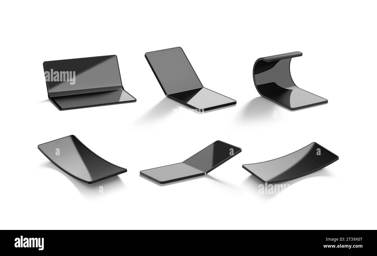 Blank black flexible flip phone display opened mockup, different types ...