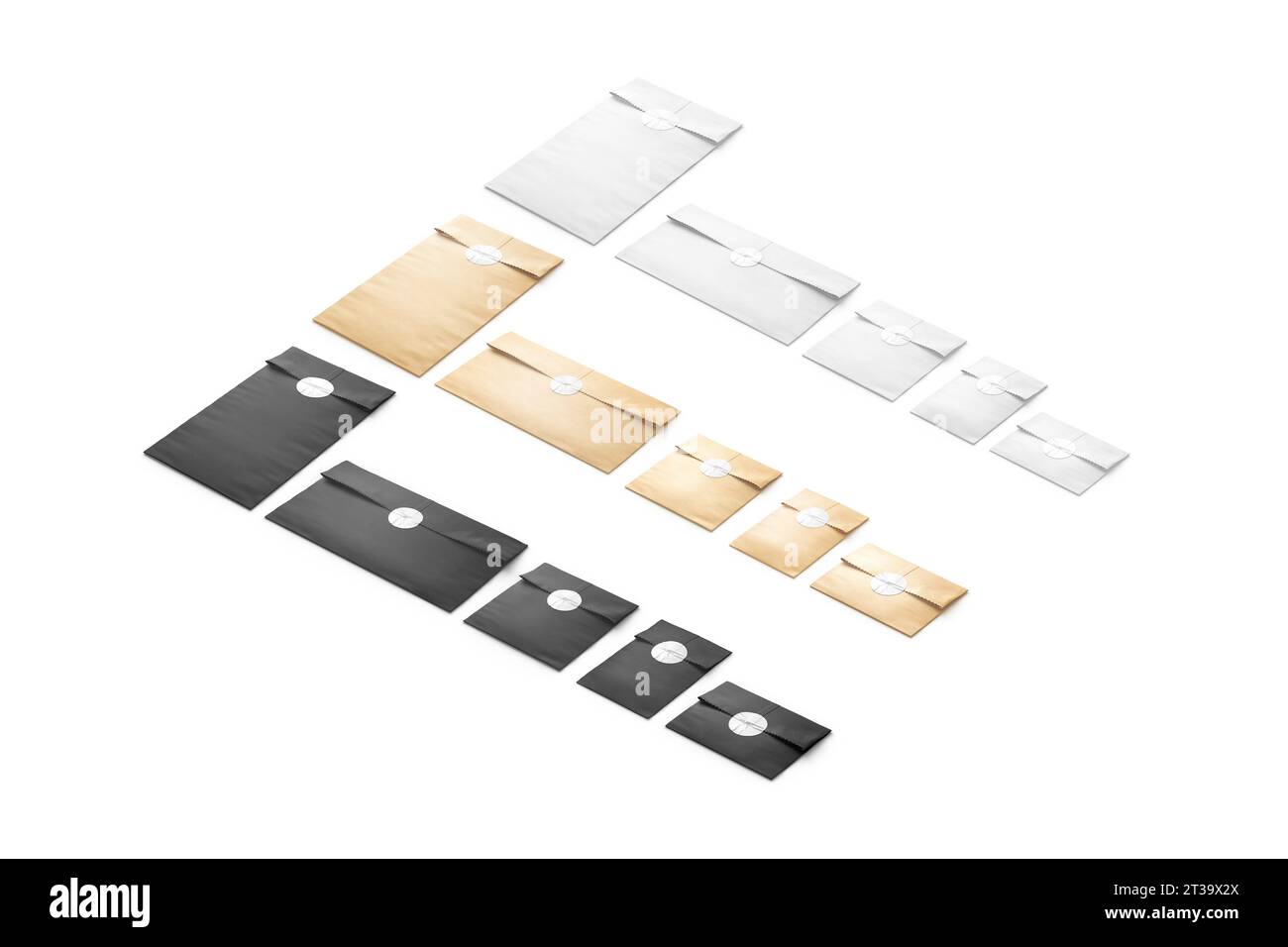 Blank black, craft and white paper bag with sticker mockup, 3d ...