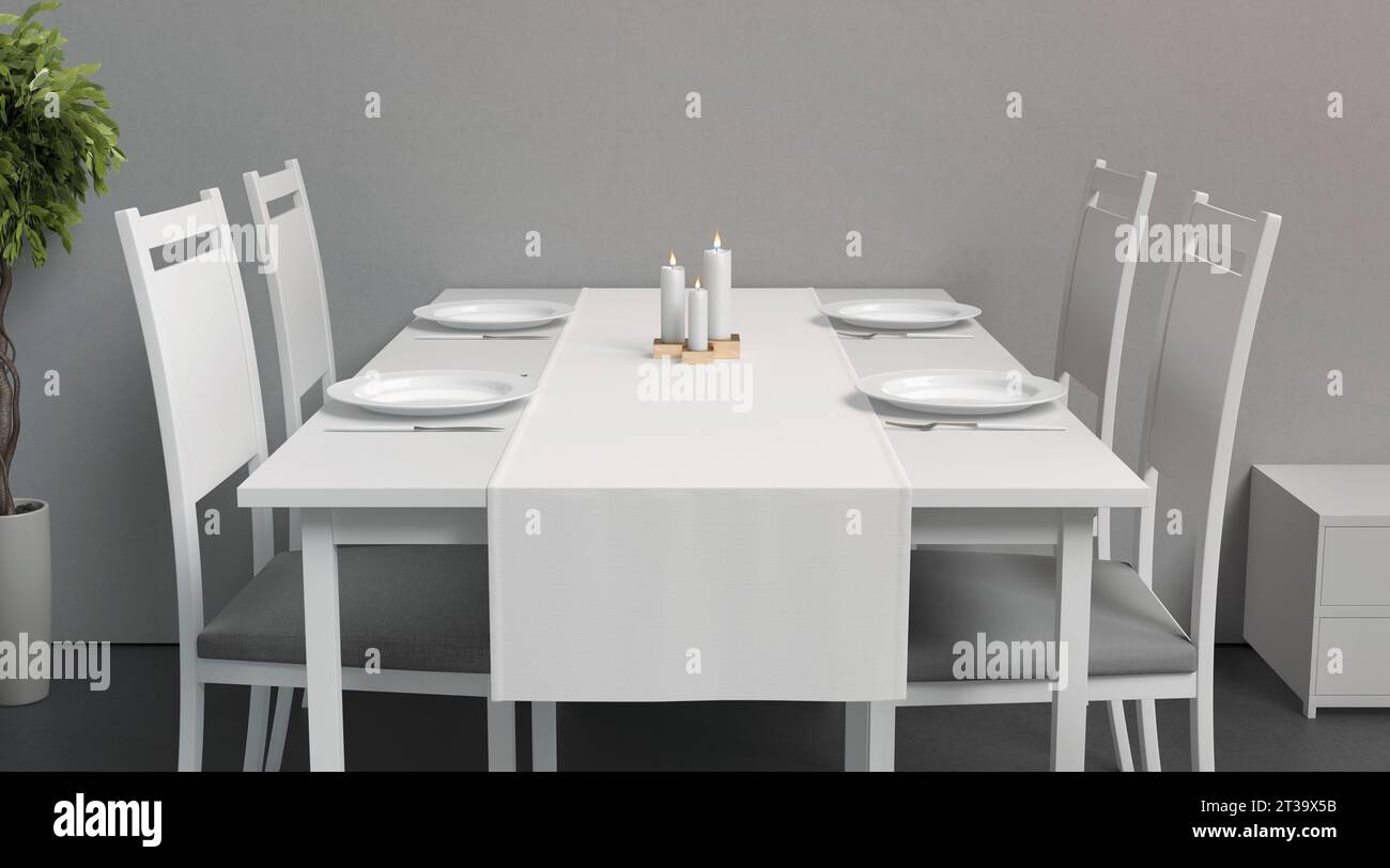 Blank white table runner and dishes mockup, interior background, 3d ...