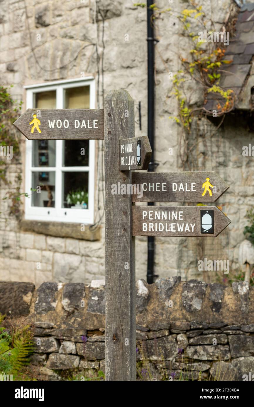 A wooden signpost at Blackwell Mill pointing to Woo Dale and Chee Dale ...