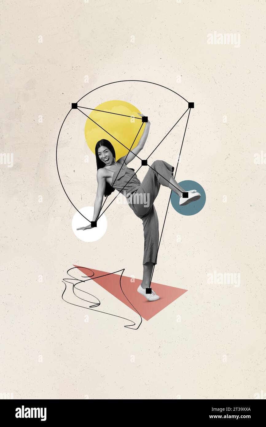 Image collage picture of cheerful funky girl standing balancing one leg ...