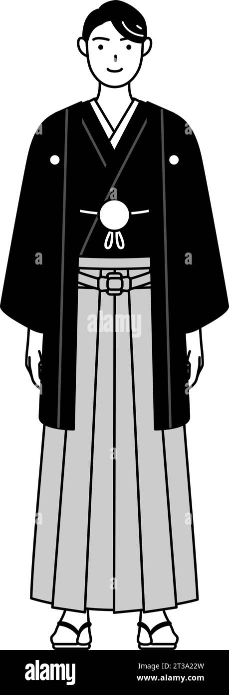 Man wearing Hakama with crest with a smile facing forward, Vector ...