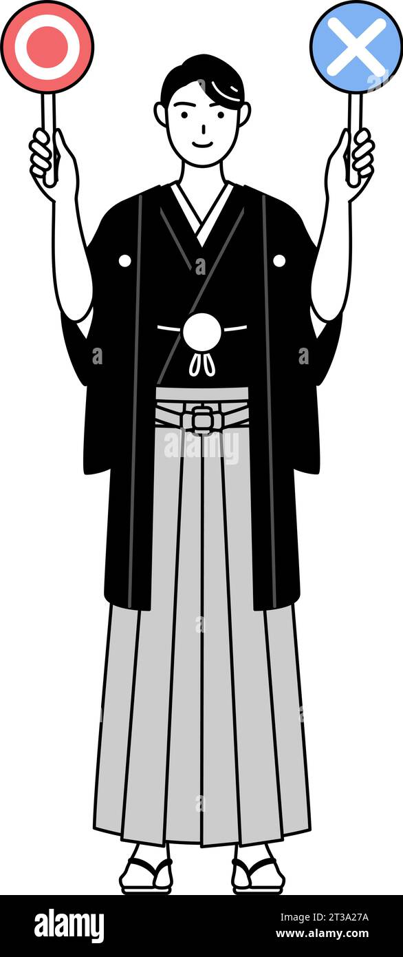 Man wearing Hakama with crest holding a placard indicating correct and ...