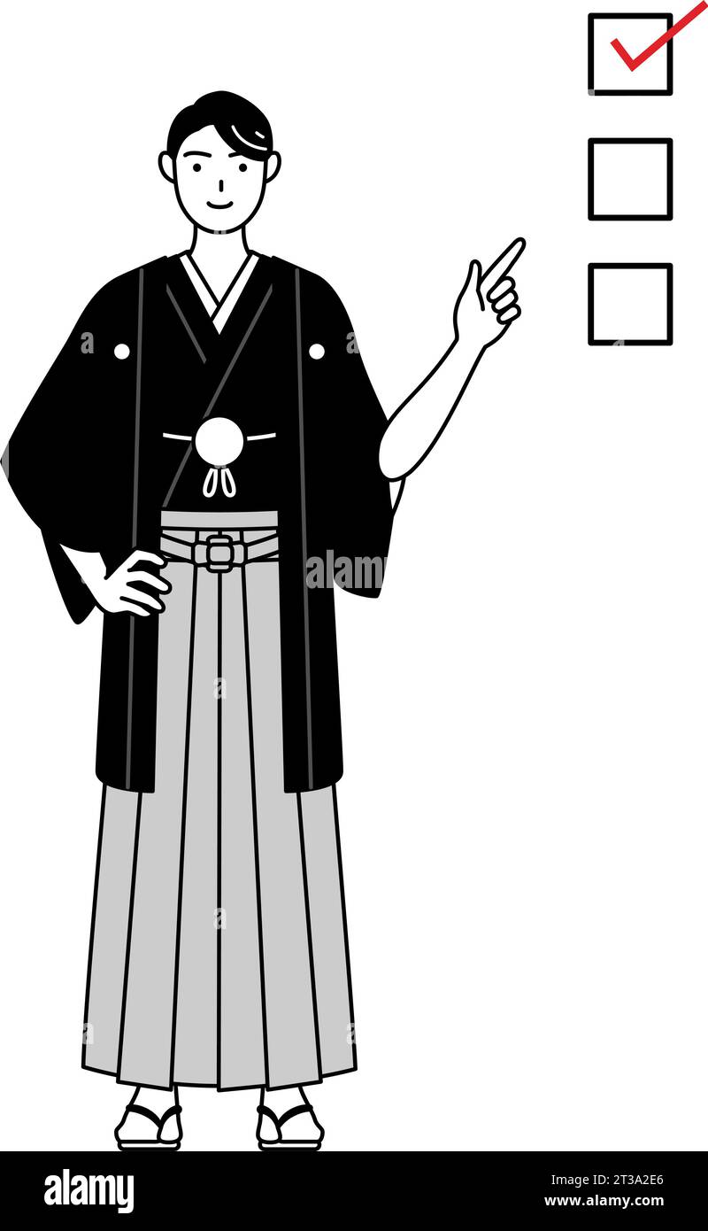 Man wearing Hakama with crest pointing to a checklist, Vector ...