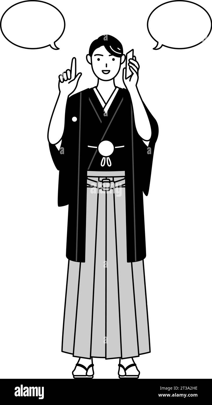 Man wearing Hakama with crest pointing while on the phone, Vector ...