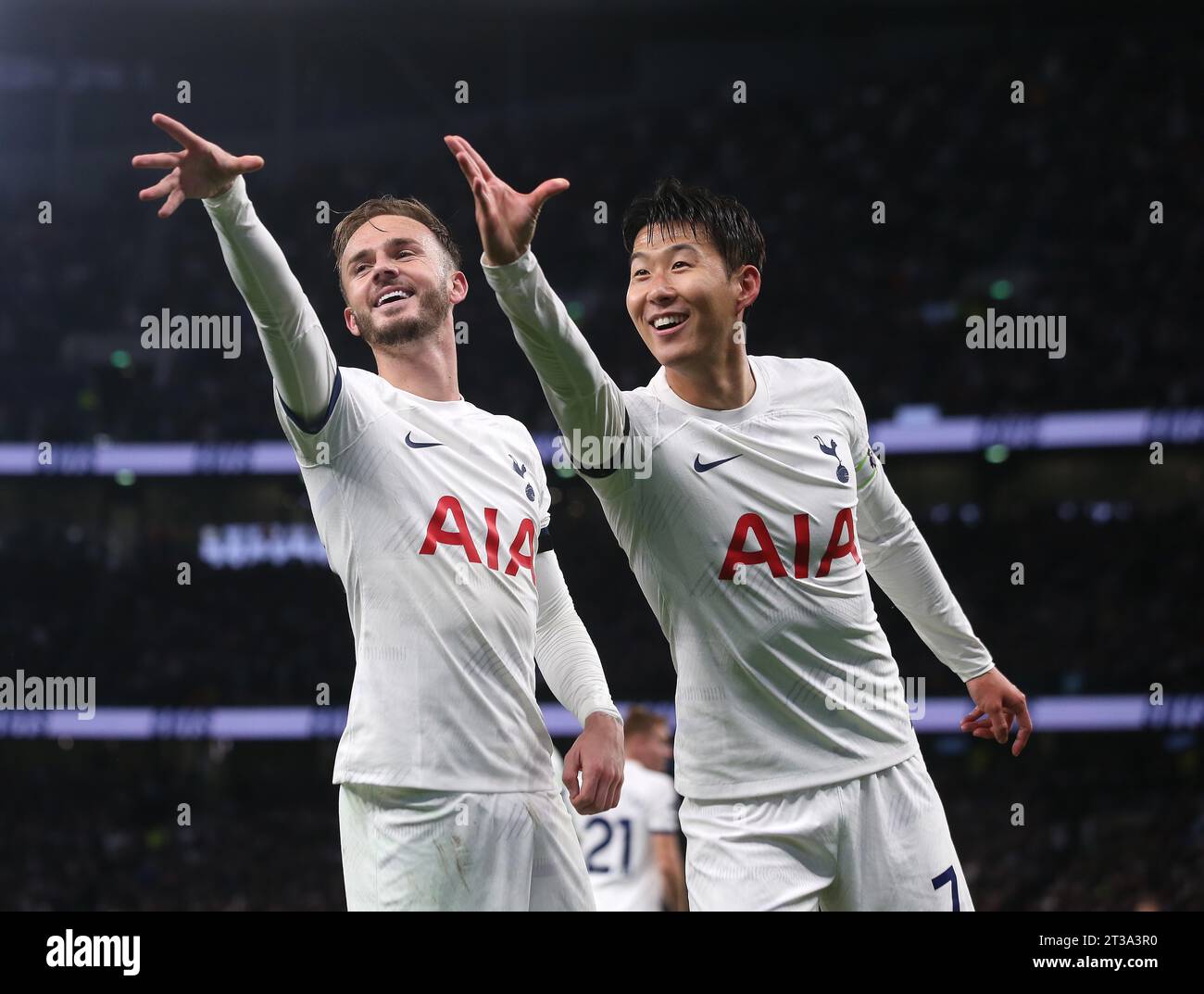GOAL 2-0, James Maddison of Tottenham Hotspur goal celebration with Son ...