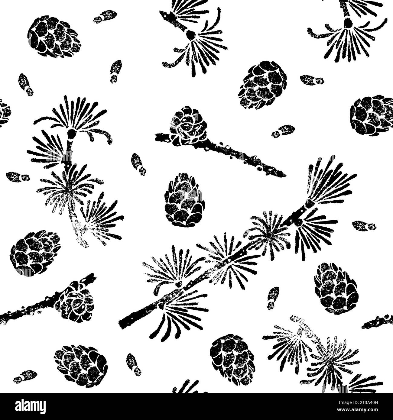 Larch seamless pattern isolated on white. Larix decidua branch, cone ...