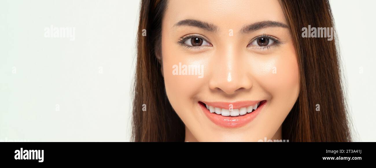 Close up portrait of clear skin Asian woman face smiling and looking at ...
