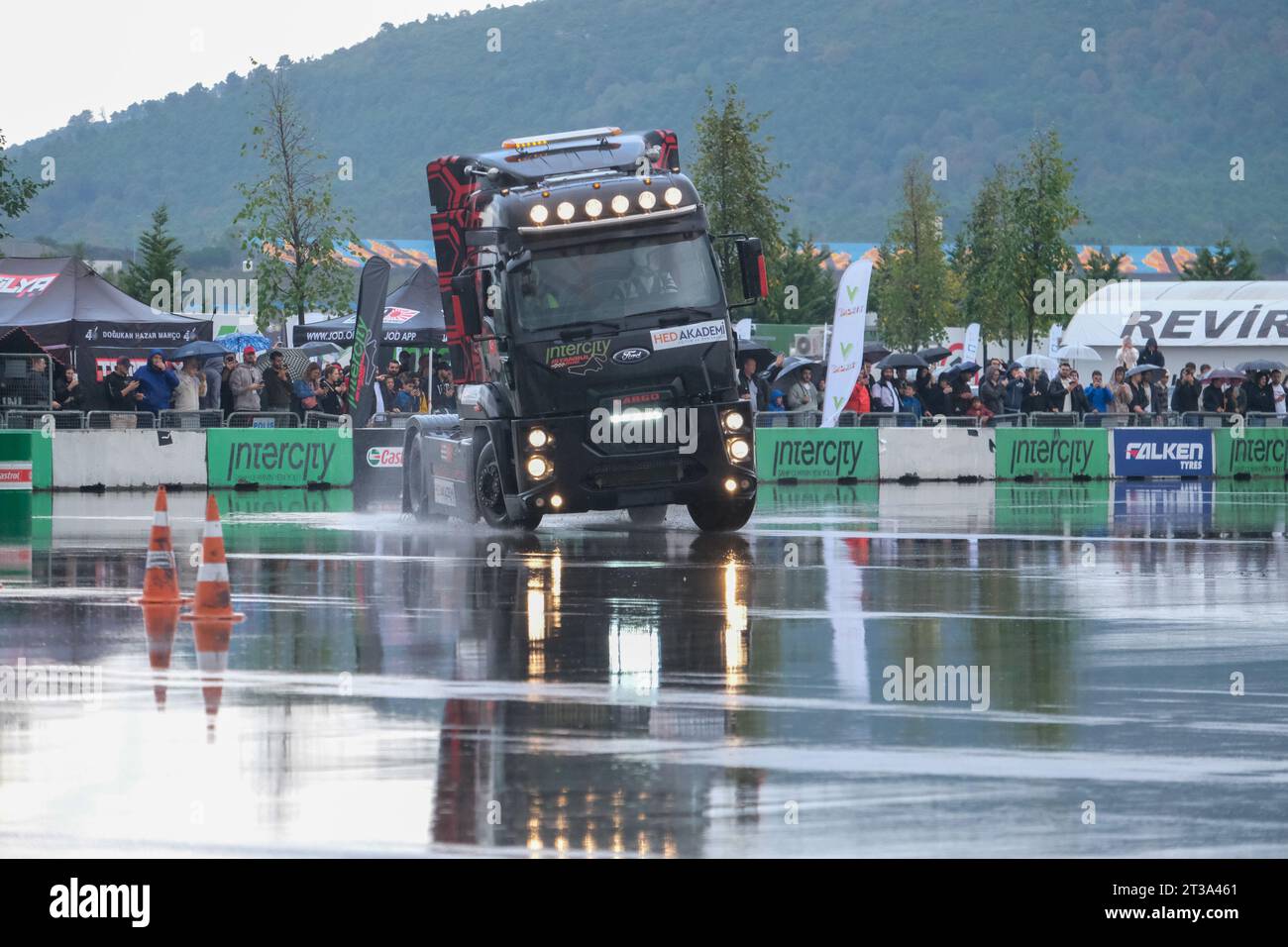 Ford brand Truck spectular drift activity on wet floor at Intercity ...