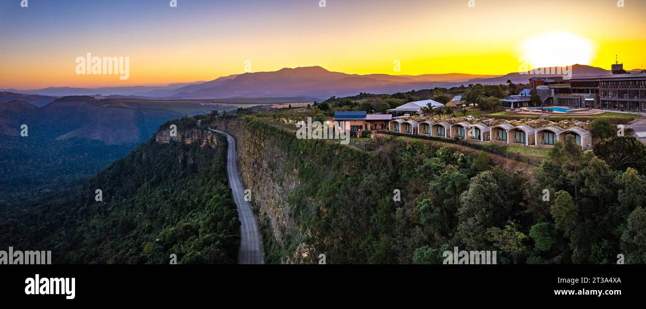 Aerial view of the top of the mountain at sunset in Graskop, South ...