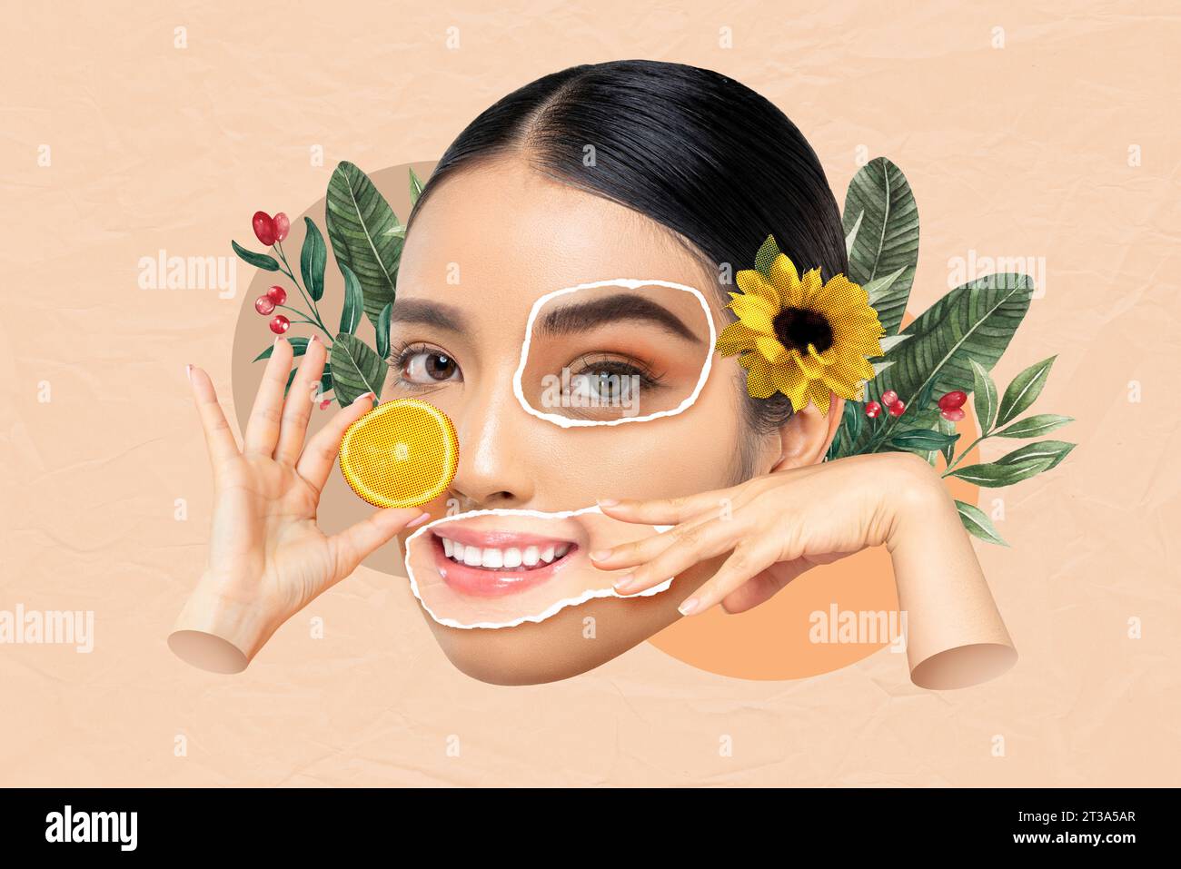 Collage art of mixed female faces with botanical elements, skincare ...