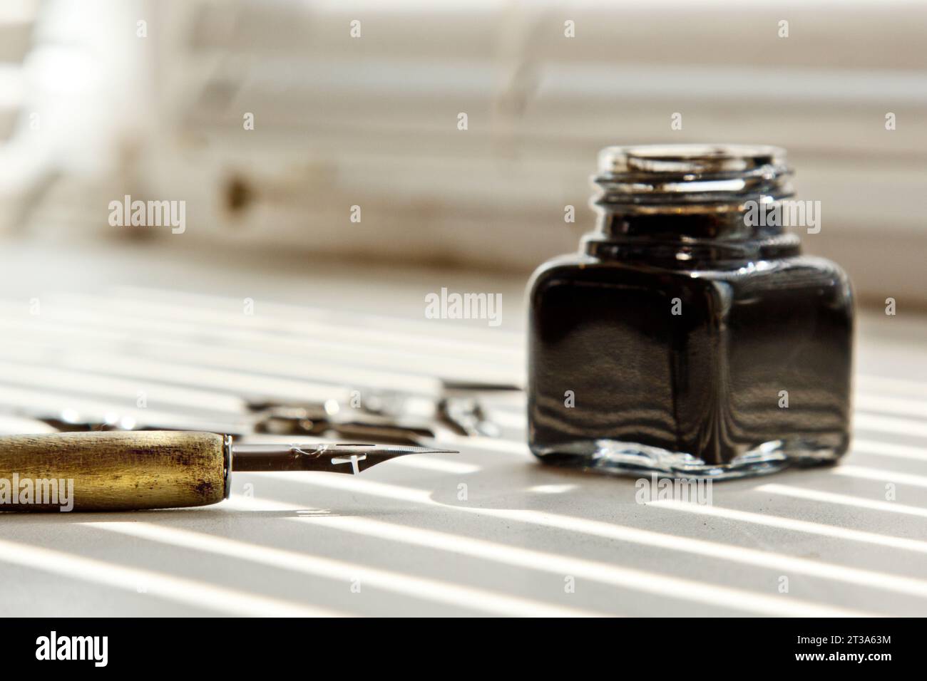 Inkpot with metal tips for the ink pen on a white background in solar ...