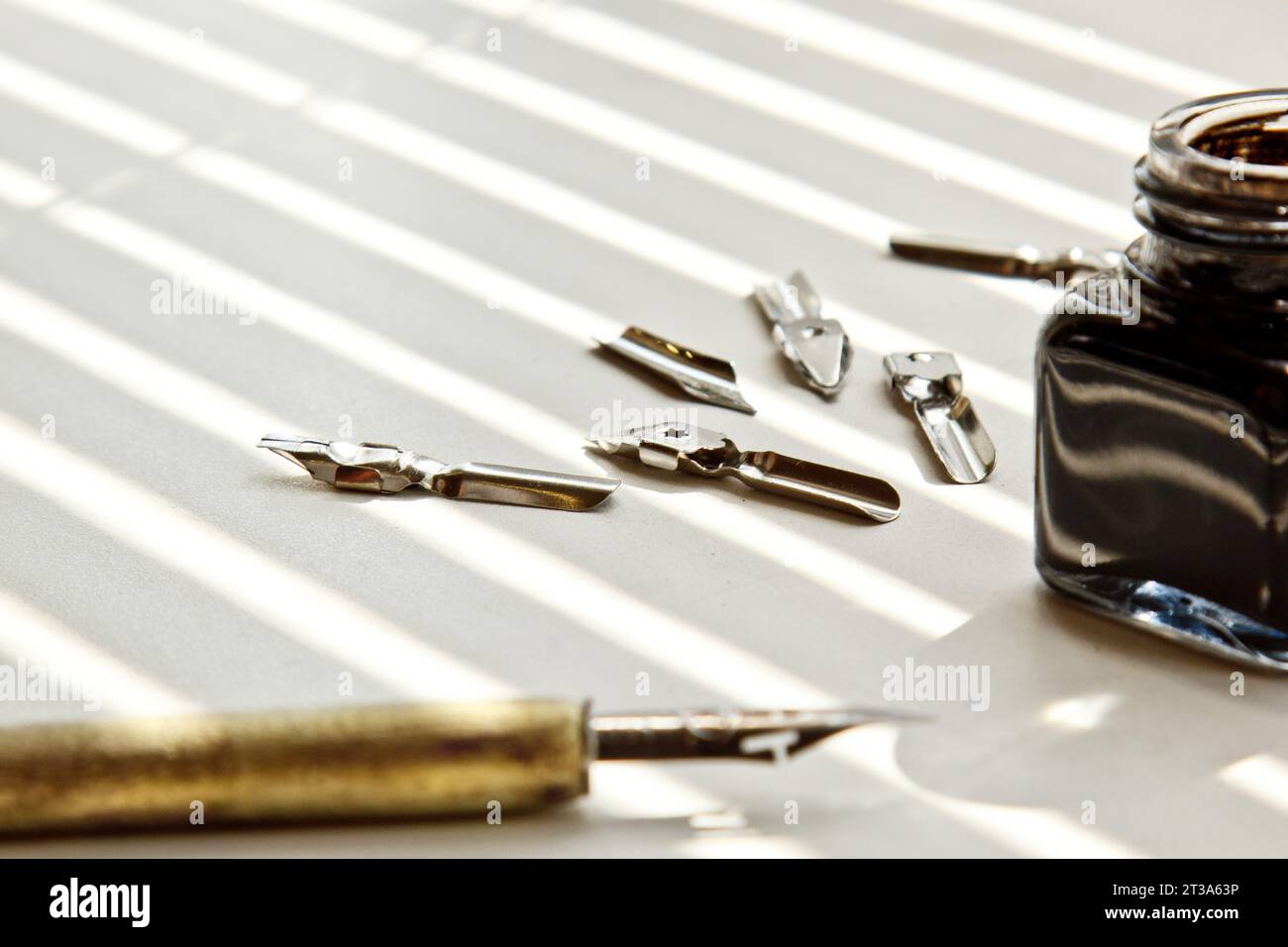 Inkpot with metal tips for the ink pen on a white background in solar ...