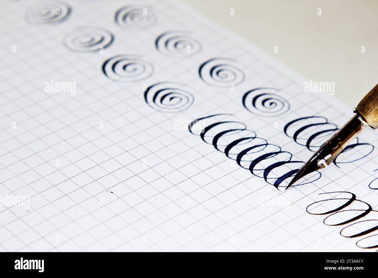 patterns drawn with an ink pen on a white paper sheet with stripes ...