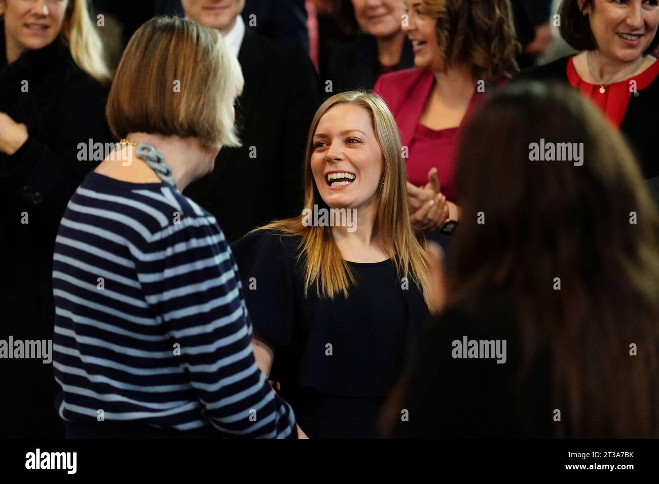 The newly elected Member of Parliament, Sarah Edwards, talks to members ...