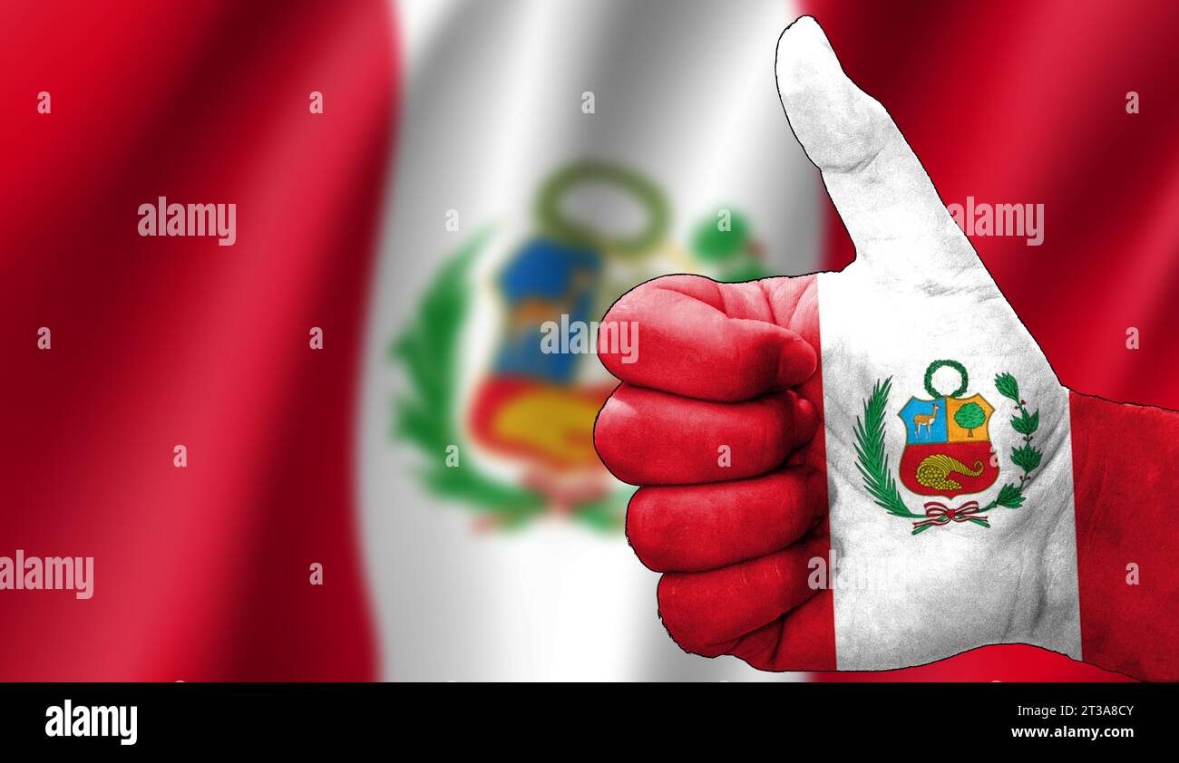 hand with thumbs up in approval with the peruvian flag painted. Image ...