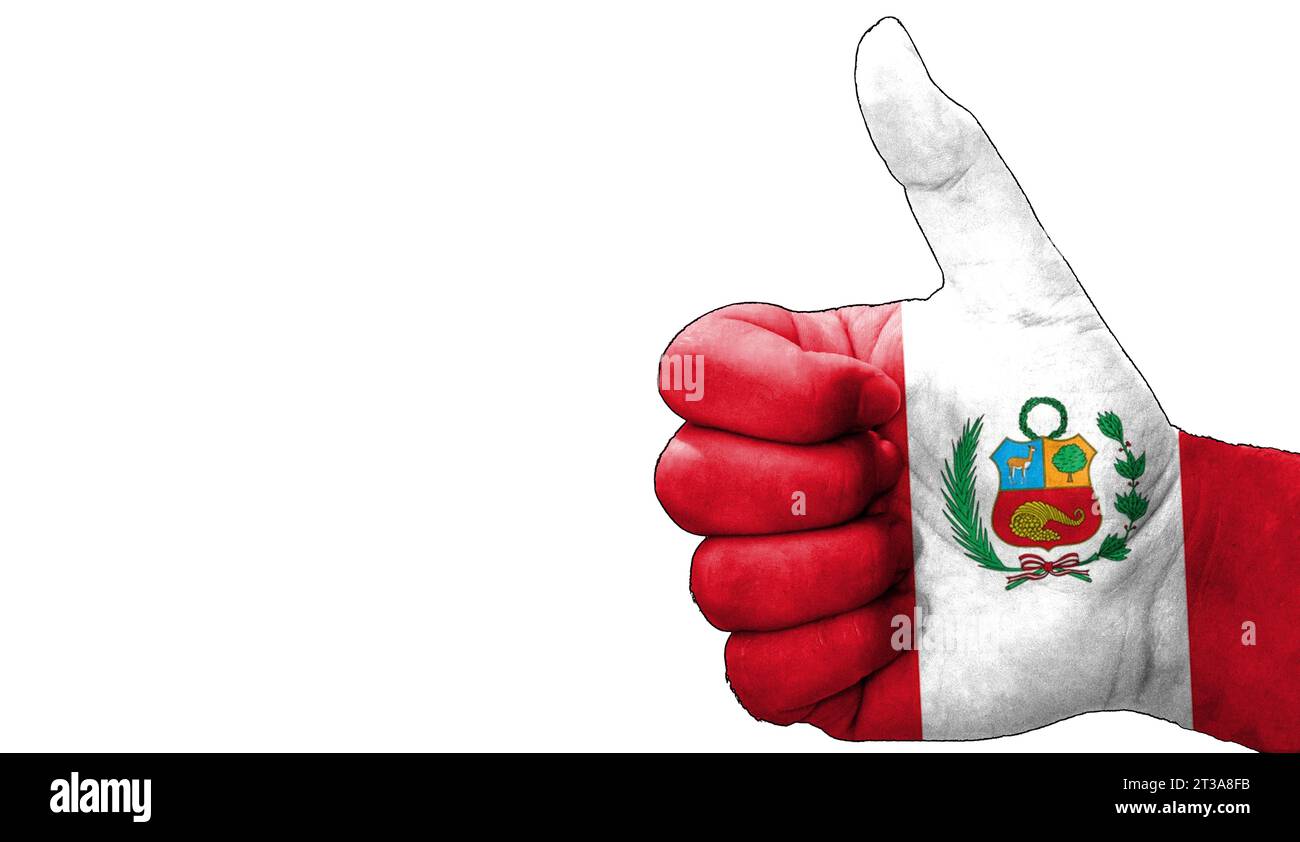 hand with thumbs up in approval with the Peruvian flag painted. Image ...