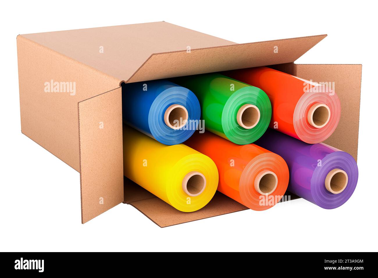 Colored PVC Polythene Plastic Tape Rolls inside cardboard box, 3D rendering isolated on white ...