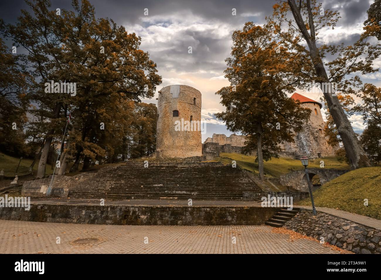 Cesis Latvia 09/30/2023 : Autumn park and medieval castle in the town ...