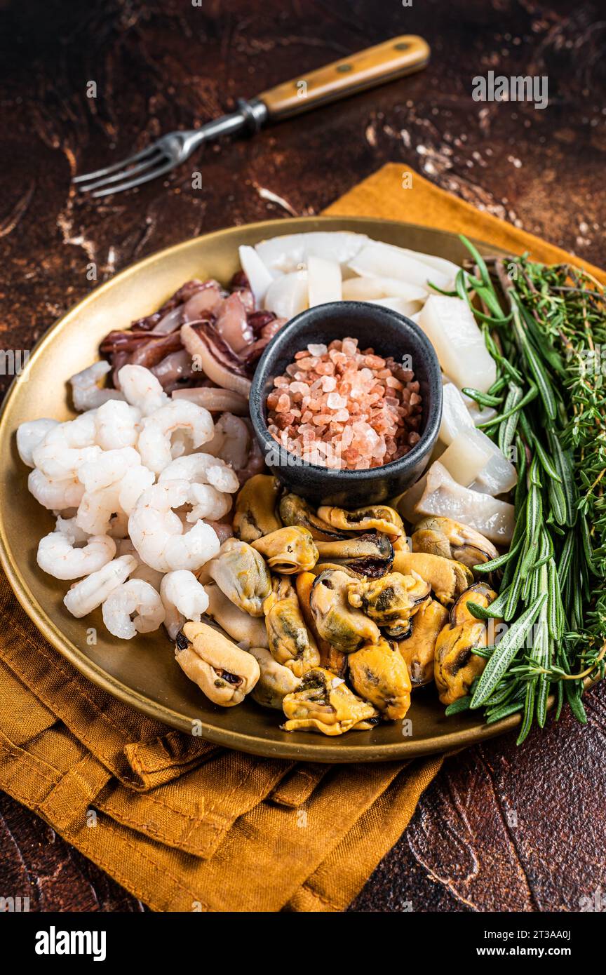 Seafood platter, mix of mussels, clams, squid, octopus, shrimps and ...