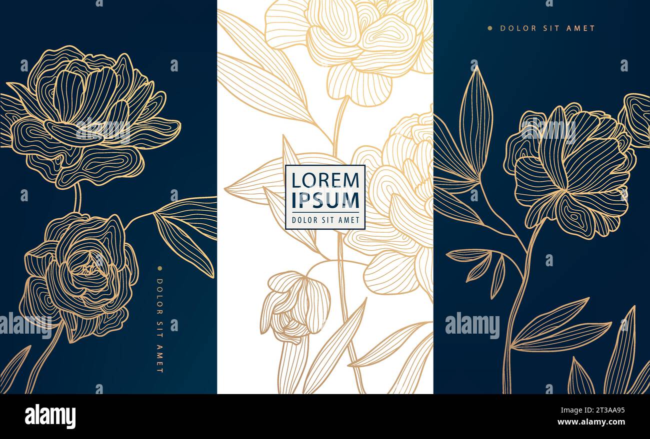 Vector floral line art, set of luxury flower, peony line pattern ...