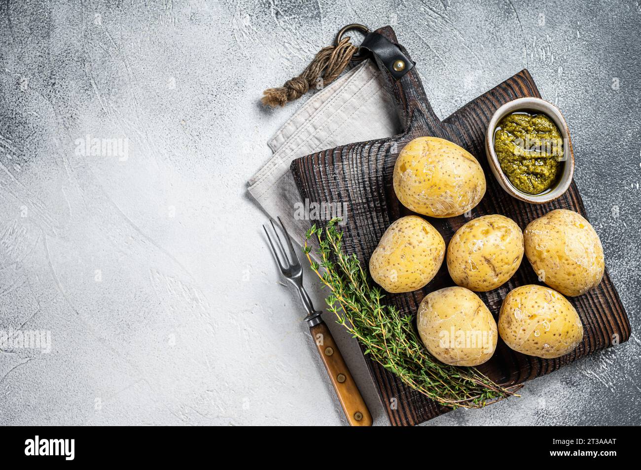 Canary Islands dish Papas Arrugadas, wrinkly potatoes with Mojo verde ...
