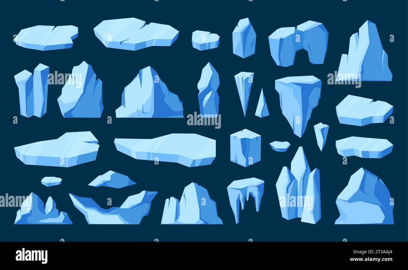 Ice pieces and glaciers. Cartoon frozen floating ice chunks, mountain ...