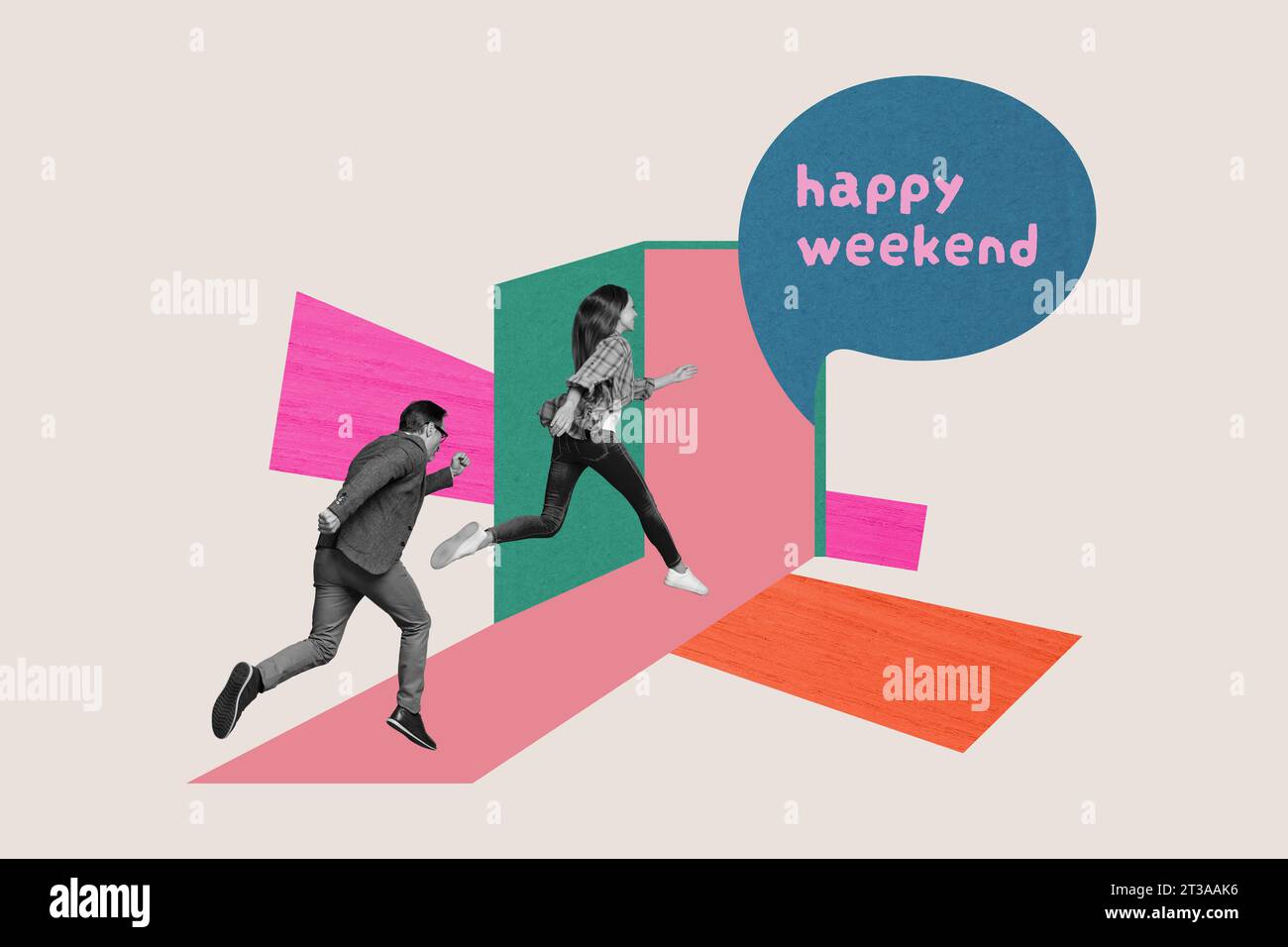 Composite collage image of funny two people man female running open ...