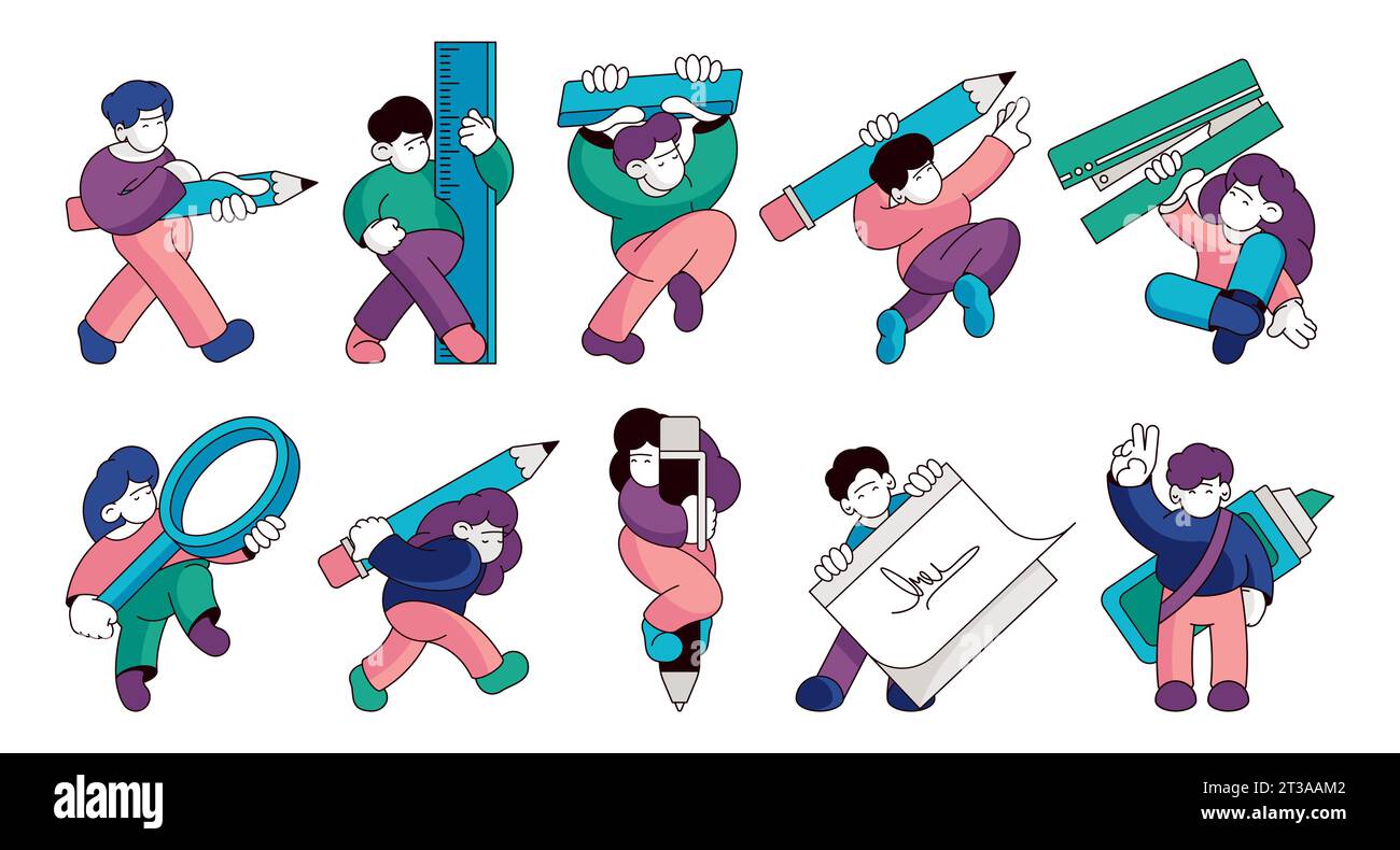 People with stationery. Man woman characters with pens pencils ...