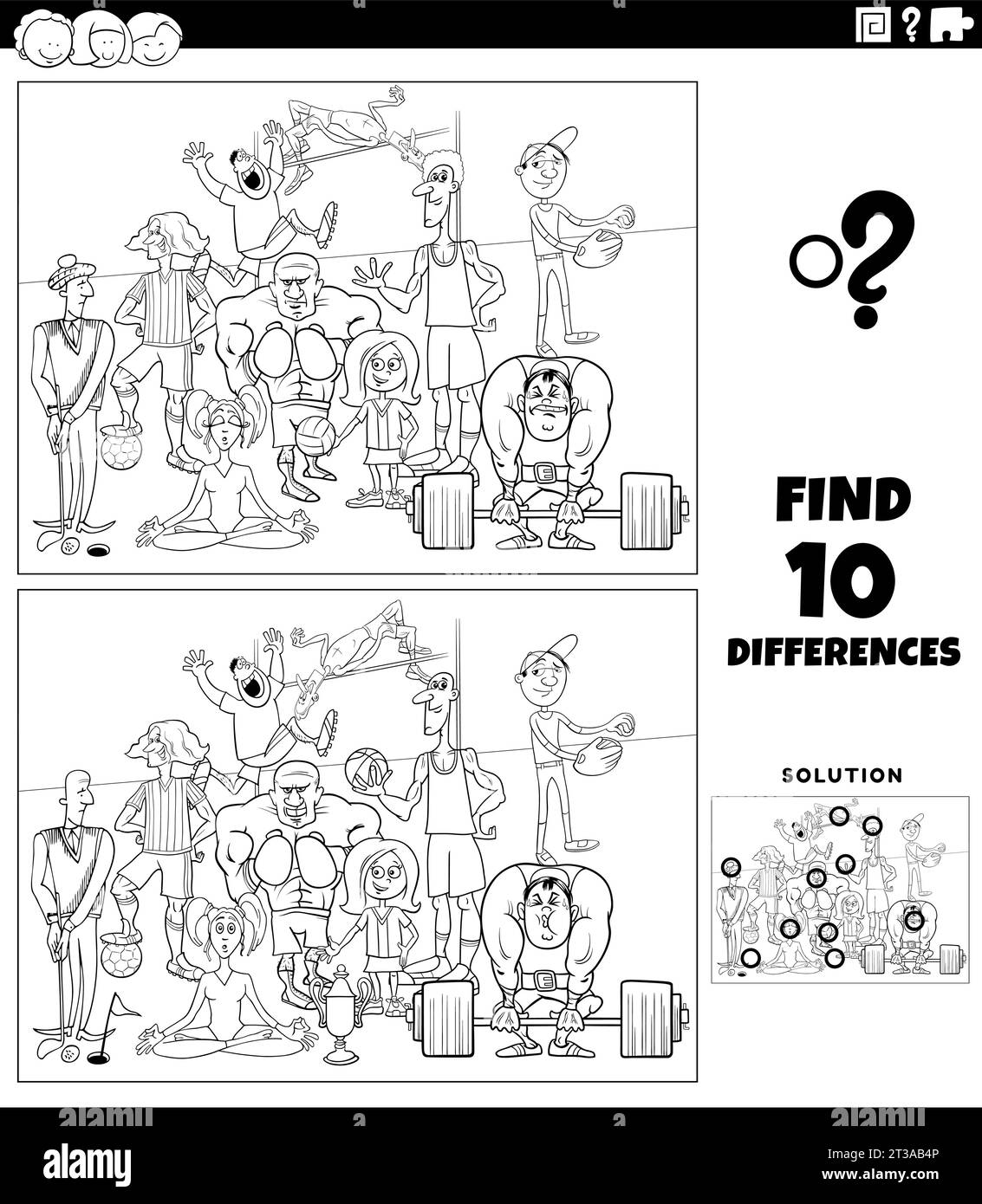 Black and white cartoon illustration of finding the differences between ...