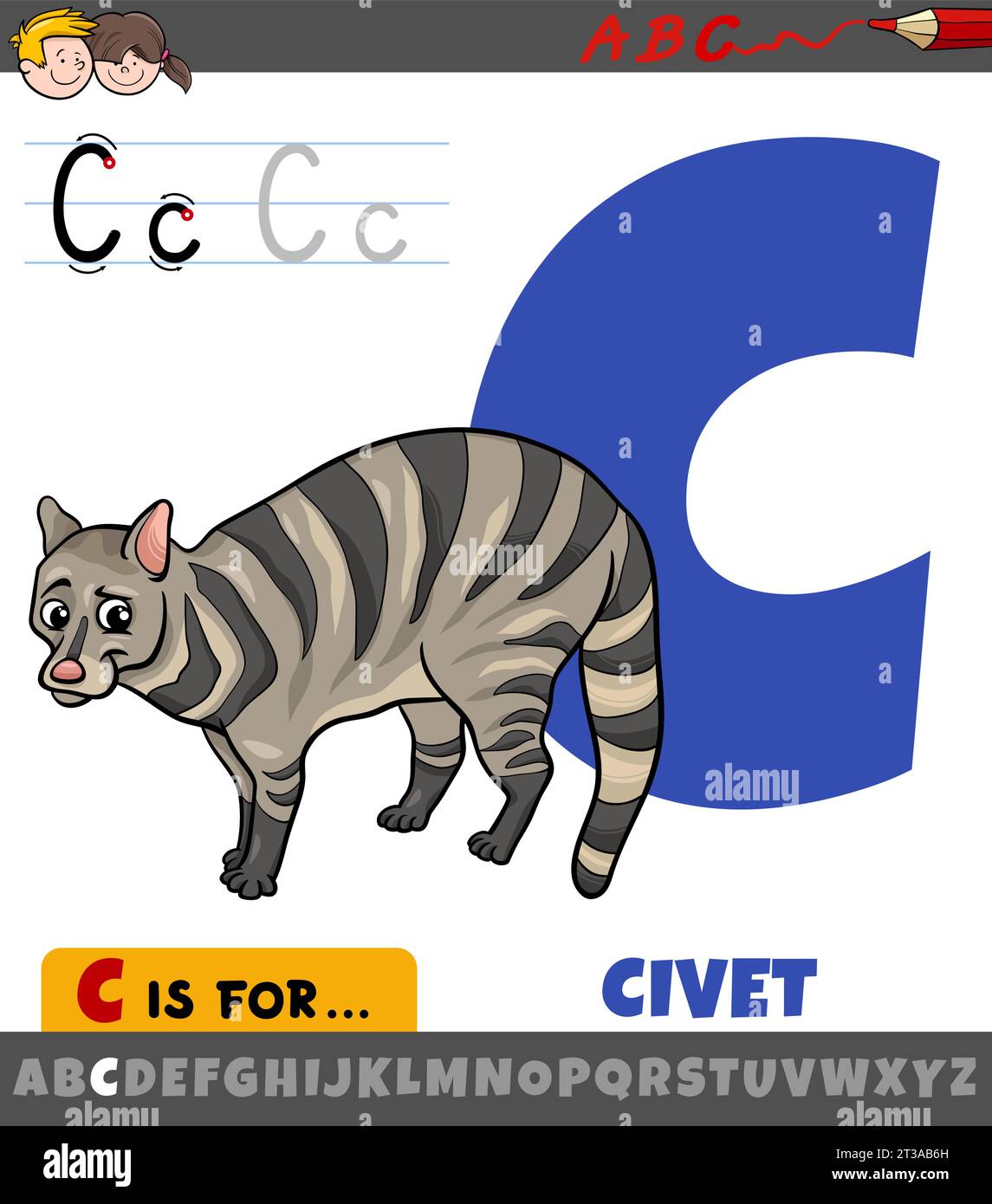 Educational cartoon illustration of letter C from alphabet with civet ...