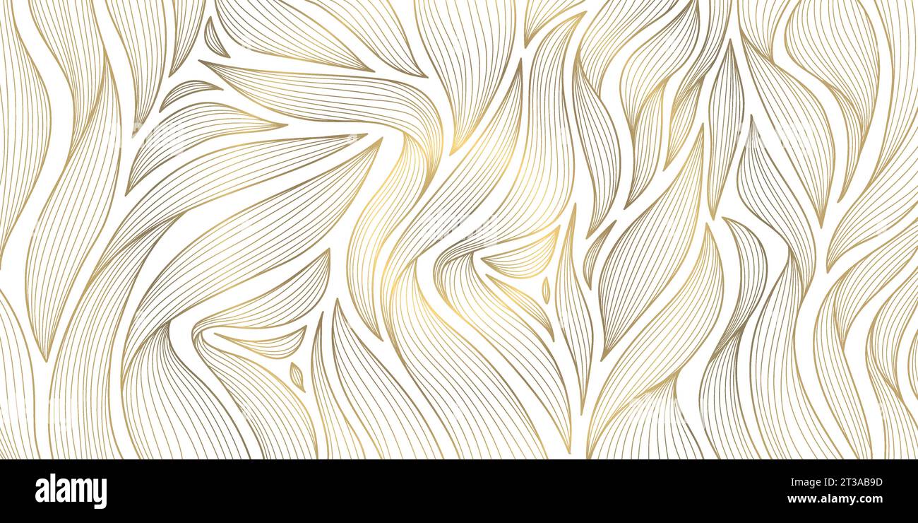 Vector art deco floral pattern, wavy luxury golden line background ...