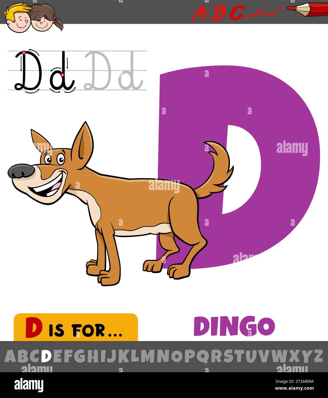 Educational cartoon illustration of letter D from alphabet with dingo ...