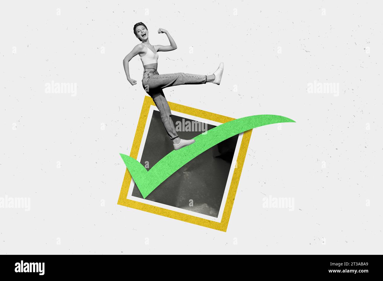 Collage photo picture illustration huge check mark tick completed her ...