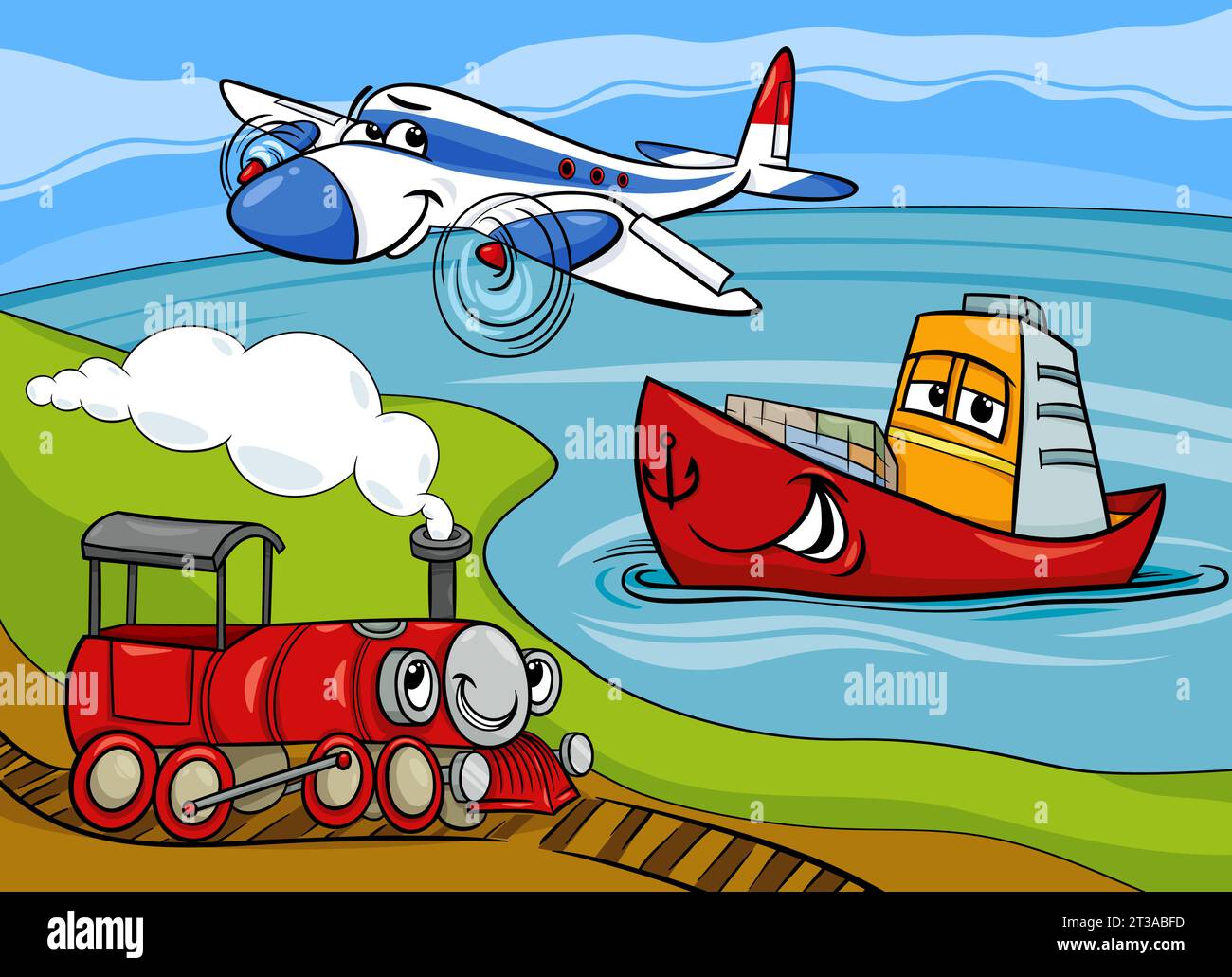 Cartoon illustration of funny airplane and steam engine and ship ...