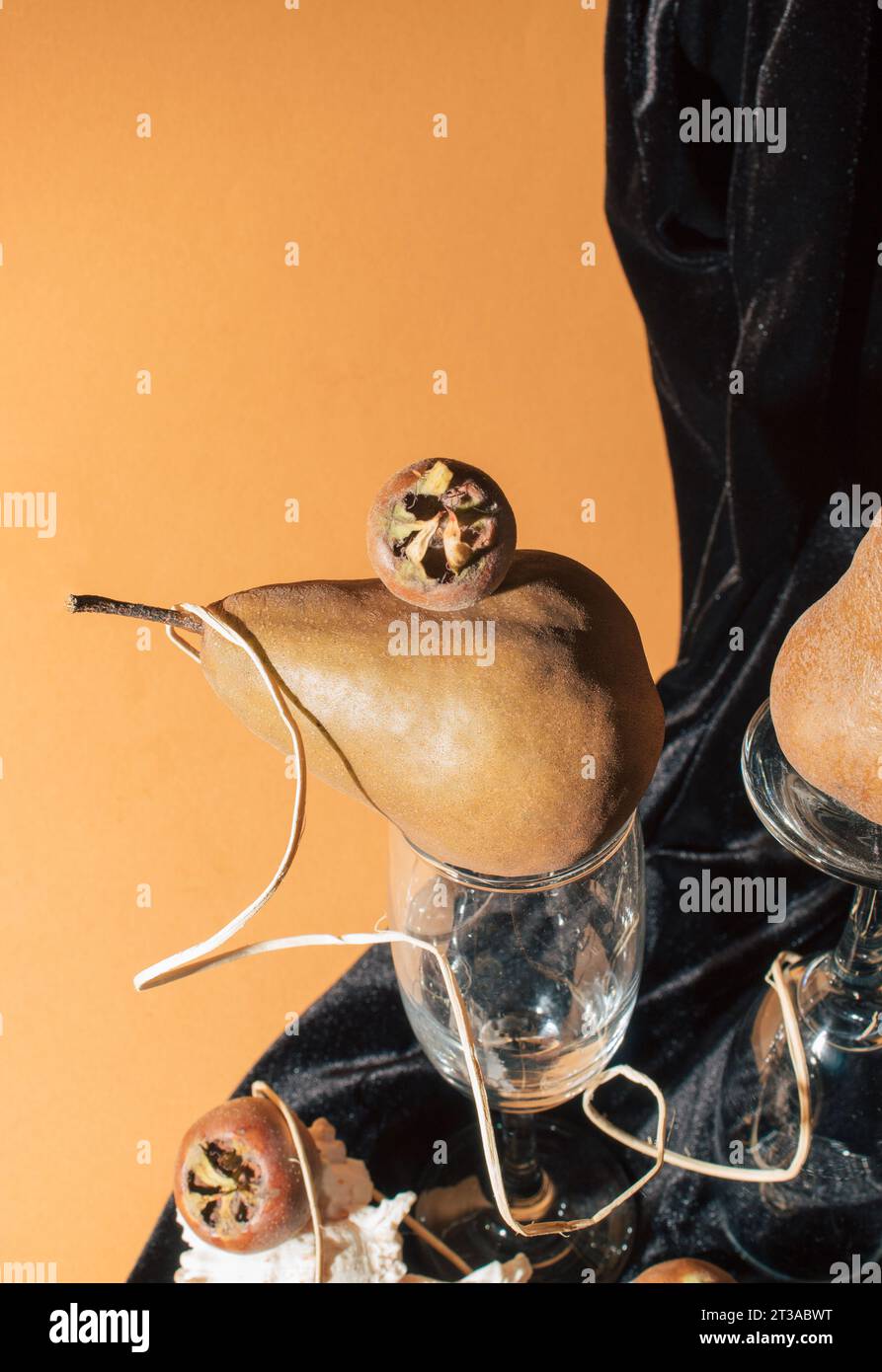 Artistic still life with pears, shell and medlar. Creative poster and ...