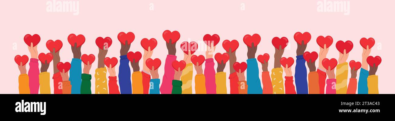 Hands raised up hold hearts, share compassion and hope with those in ...