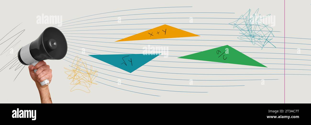 3d retro abstract artwork collage of loud speaker announcing algebra ...