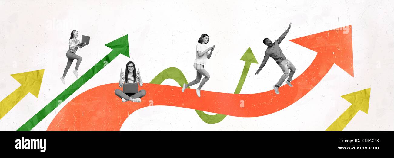 Composite collage photo of funny business people collaboration arrows ...