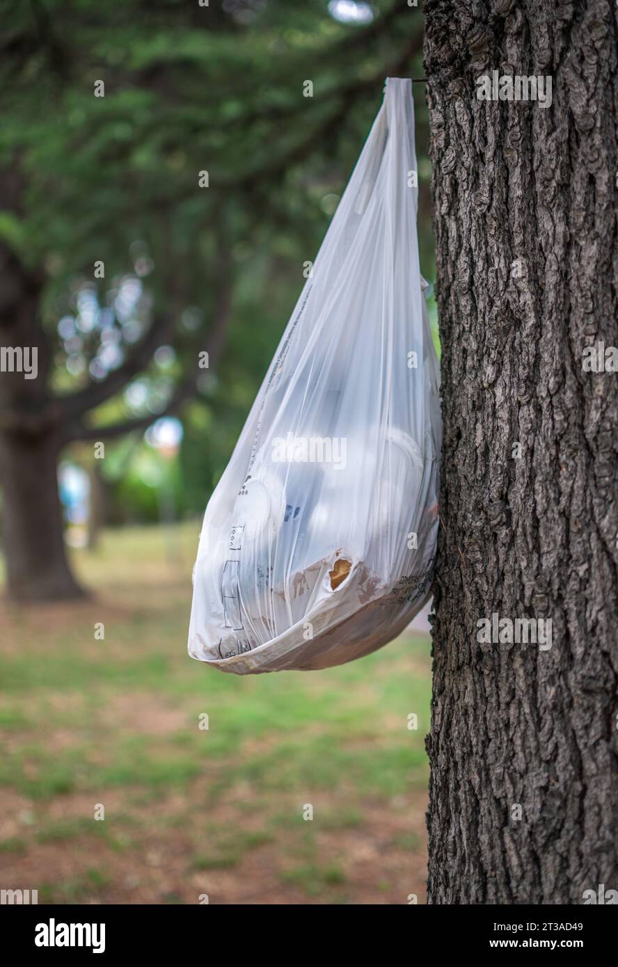 Garbage bag hung on tree in nature showing human polluting impact in ...
