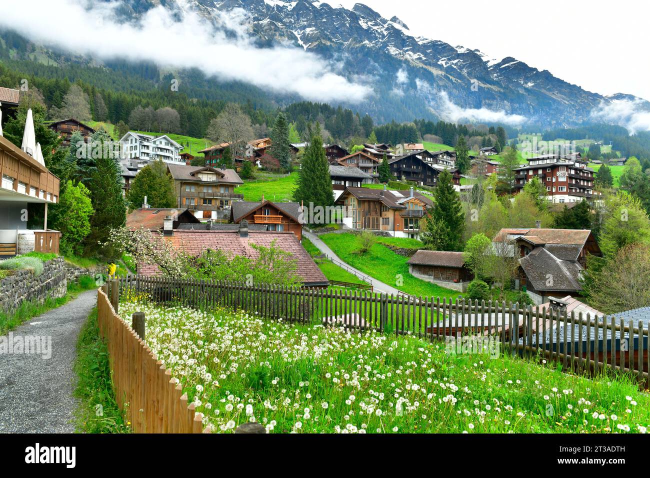 View of alpine Wengen village Beautiful outdoor scene in Switzerland ...